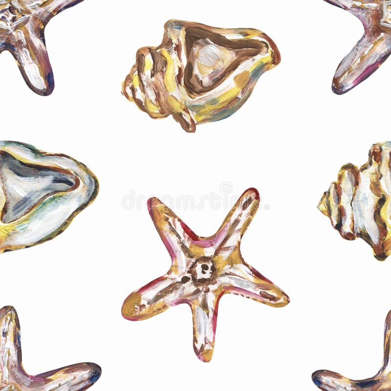 Acrylic Hand Painted Sea Shells and Corals Seamless Pattern, Graphic ...
