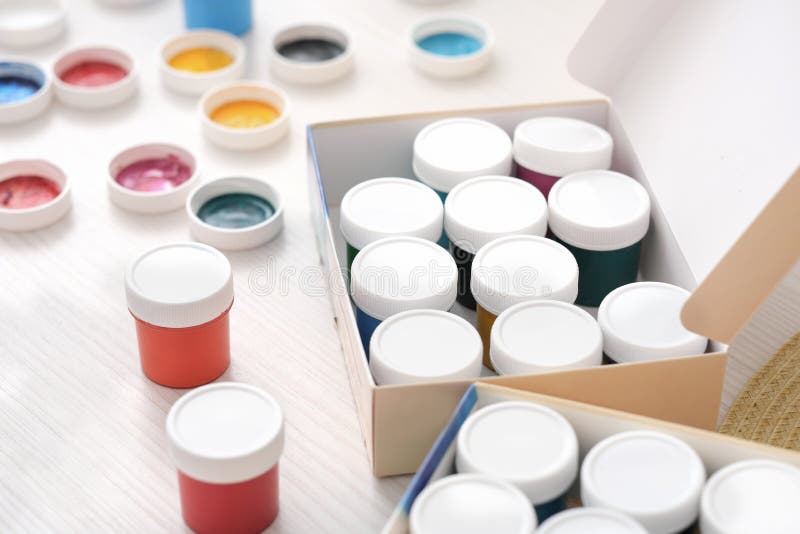 Acrylic Paints in Box and on a Table. Art Class, Drawing and Hobby for ...