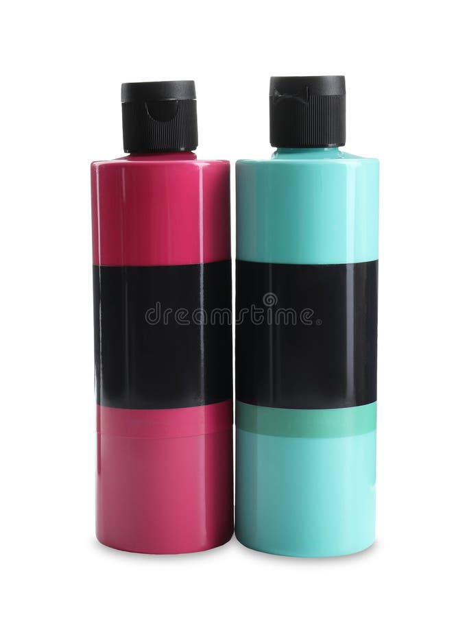 Acrylic Paints of Different Colors in Bottles Isolated on White Stock ...