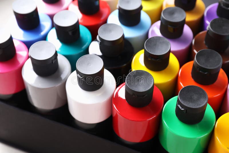 Acrylic Paints Different Colors Bottles Table Closeup Stock Photos ...