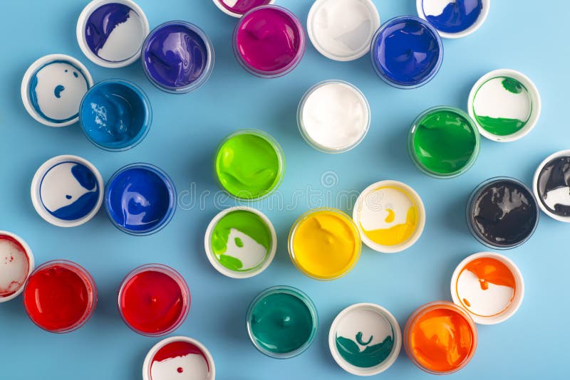 Acrylic Paints of Various Colors for Drawing are Open on the Table ...