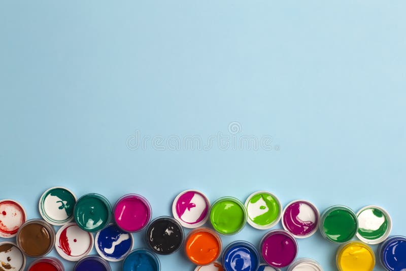 Acrylic Paints of Various Colors for Drawing are Open on the Table ...