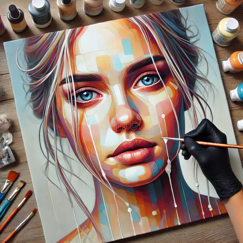 Acrylic Portraits Acrylic Portraits with Digital Facial Features Stock ...