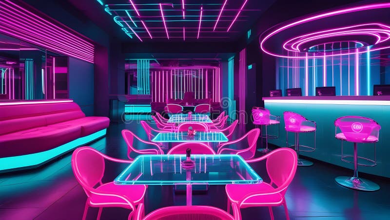 Futuristic Lounge with Vivid Neon Lighting in Pink and Blue Shades ...