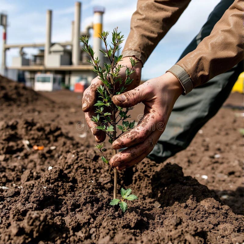 Man Planting Little Sapling Near an Industrial Factory Stock ...