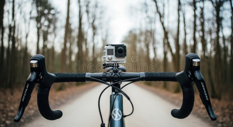 Action Camera Attached To Bicycle Handlebar in Forest Stock ...