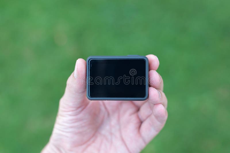 Action Camera in Hand Close-up. Blank Display, Screen Mockup Stock ...