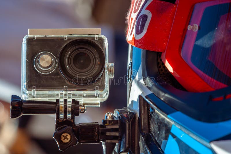 Action Camera on a Motorcycle Rider`s Helmet. Stock Image - Image of ...