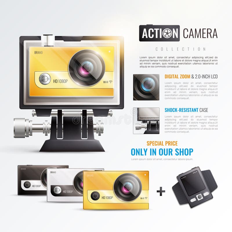 Action Camera Poster stock vector. Illustration of footage - 211691469