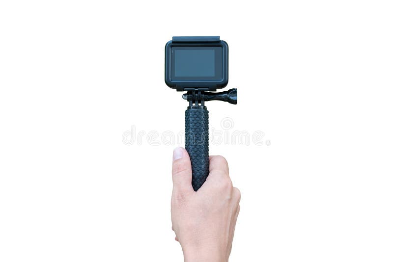 Action Camera on Stick in Hand Isolated in White Stock Photo - Image of ...