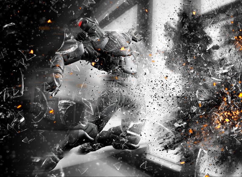 Action figure in explosion stock illustration. Illustration of metal ...