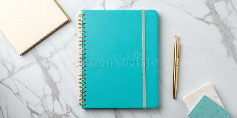 Action Mockup of Cyan Notebook on Marble Surface Top View Creative ...