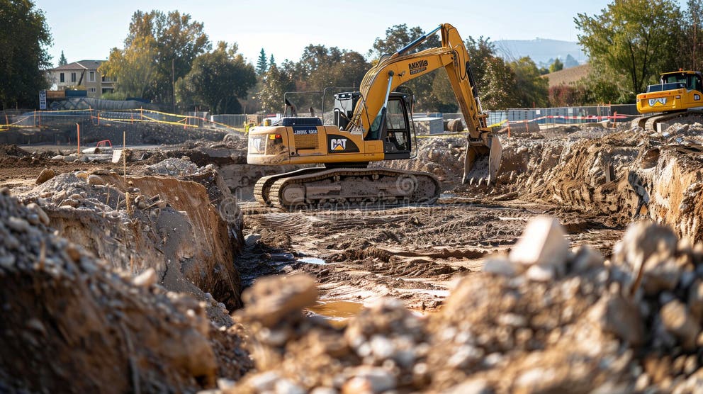 Action-packed Scene of Construction Equipment at Work, Leaving Room for Text in the Upper Part ...