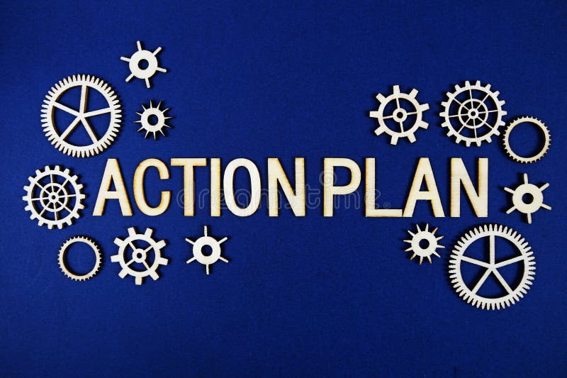 Action Plan Alphabet Letters with Gears Element on Navy Blue Background ...