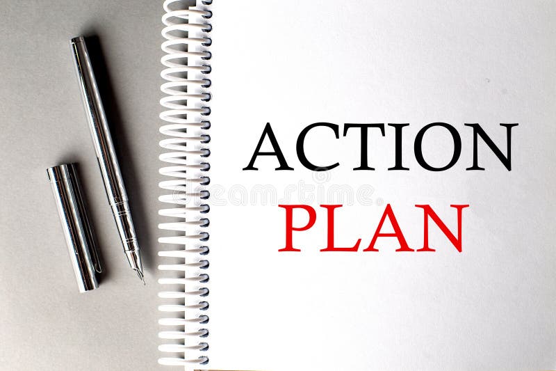 ACTION PLAN Text on a Notebook with Pen on Grey Background Stock Photo ...