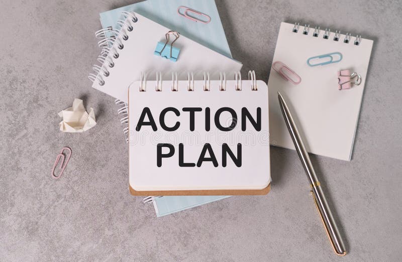 Action Plan Text on Paper in Open Diary with Spectacles, Pen and ...