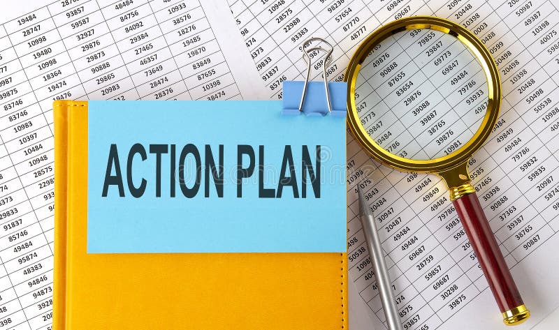 ACTION PLAN Text on Sticker on Notebook with Magnifier and Chart ...
