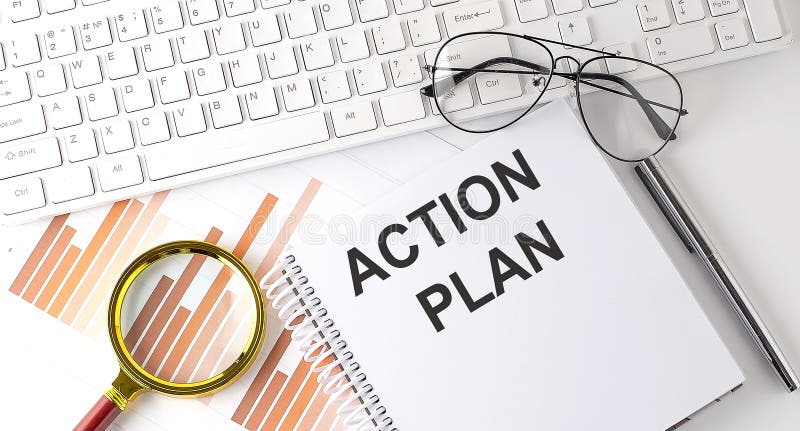 ACTION PLAN Text Written on a Notebook with Keyboard, Chart,and Glasses ...