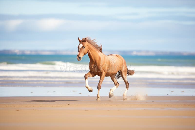 Action Shot of a Horse Cantering on a Sandy Beach Trail Stock ...