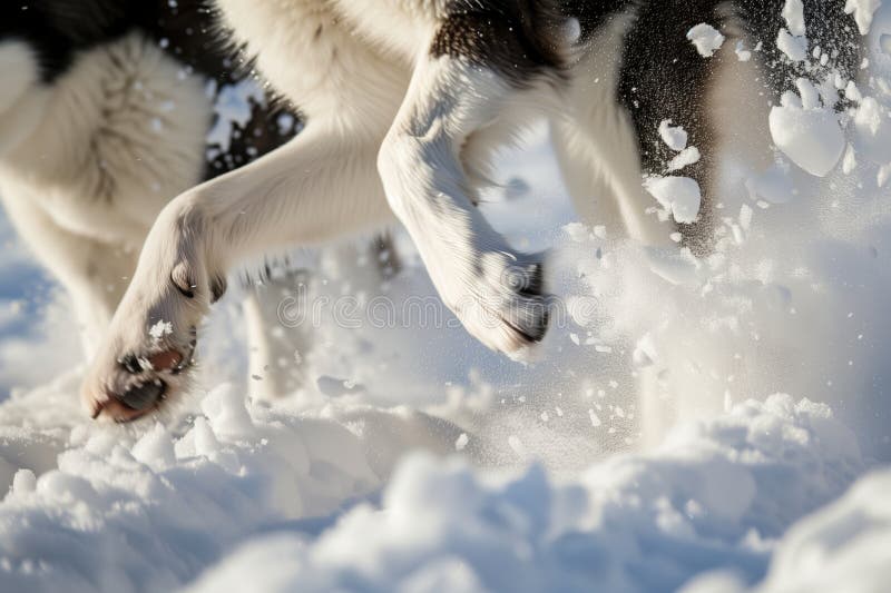 Action Shot of Huskies Paws Kicking Up Snow Stock Image - Image of ...