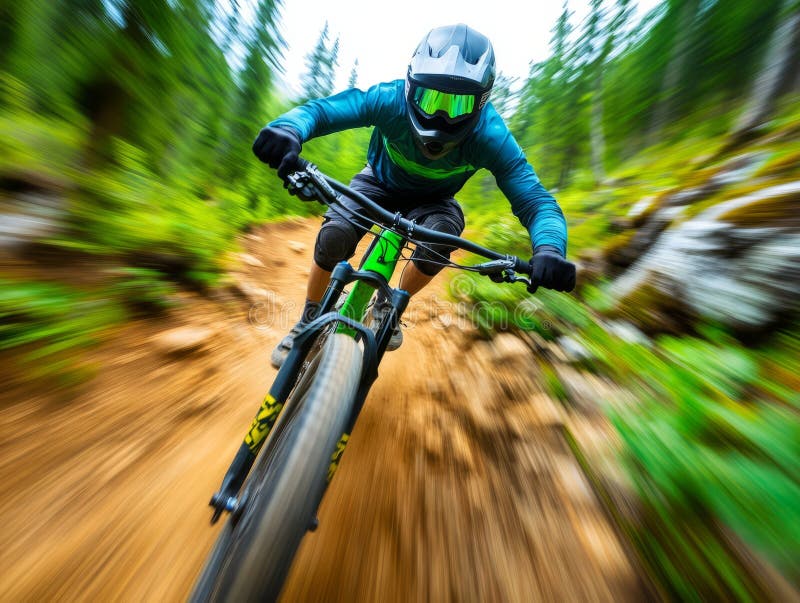 Action Shot of Mountain Biker Riding in Forest with Motion Blur Effect ...