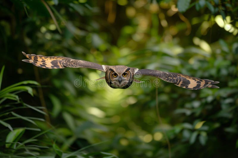 Action Shot of Owl Flying through Dense Green Forest Towards the Lens ...