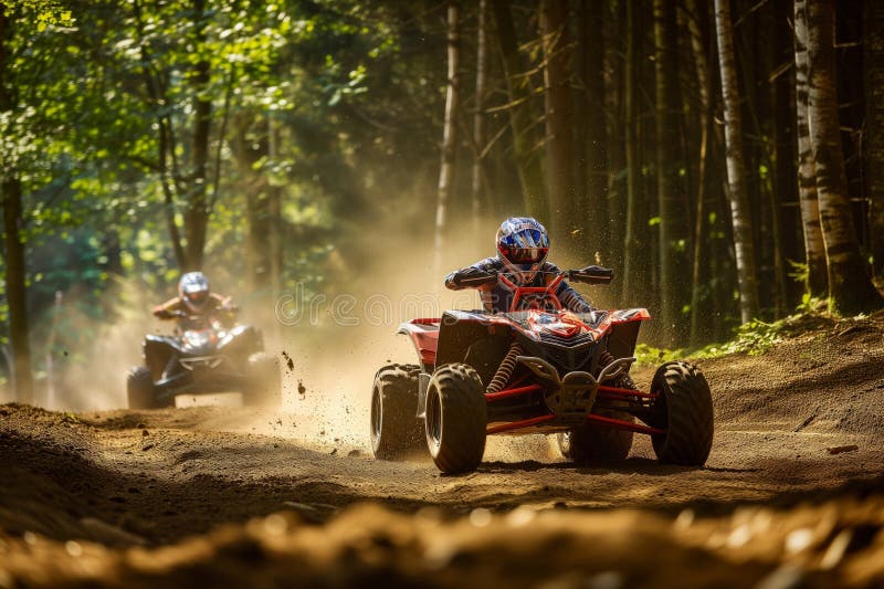 Action Shot of Two Atvs Racing on a Forest Track Stock Photo - Image of ...
