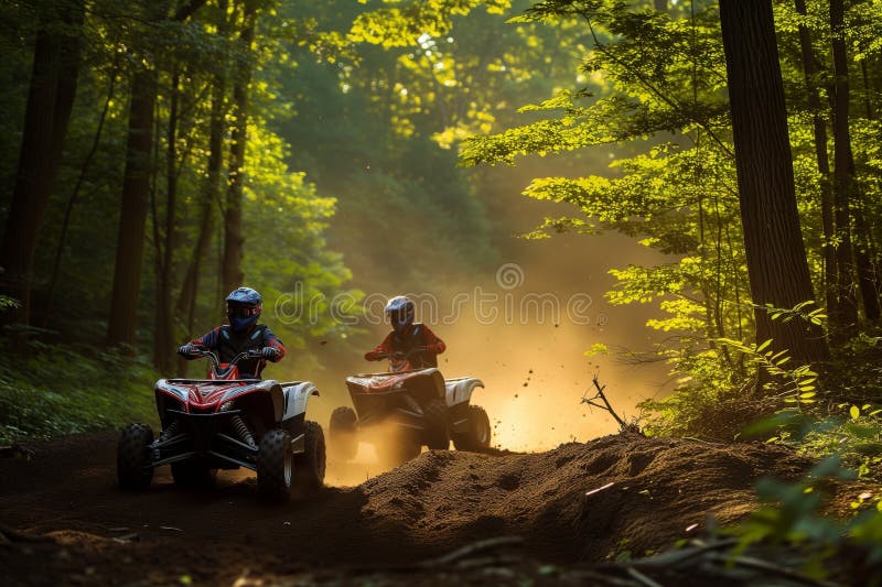 Action Shot of Two Atvs Racing on a Forest Track Stock Image - Image of ...