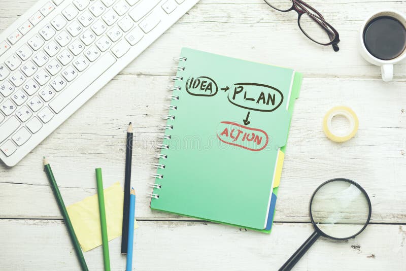 Action Text on Notebook on Desk Stock Photo - Image of paper, text ...