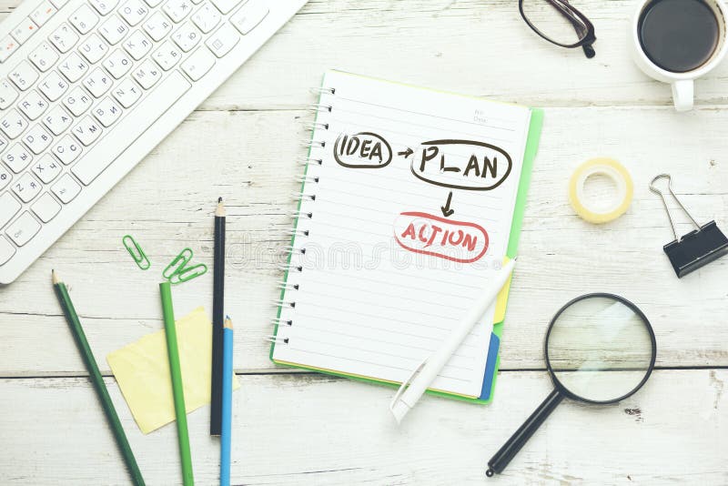 Action Text on Notebook on Desk Stock Photo - Image of paper, colorful ...