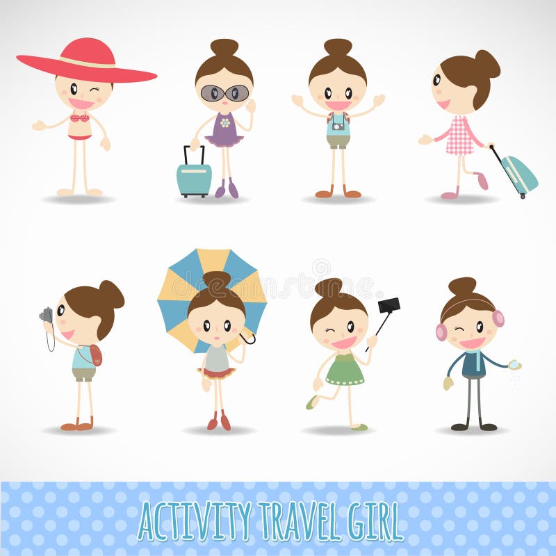 Action Travel Cute Girl Activity Set Vector Design Stock Vector ...