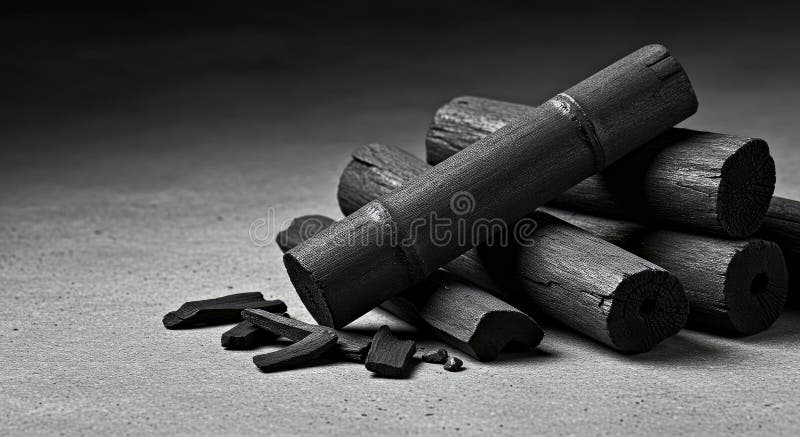 Activated Bamboo Charcoal Chunks Against a Concrete Surface Stock ...