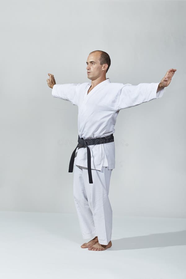 Adult Active Athlete Performs Formal Karate Exercises on Gray ...