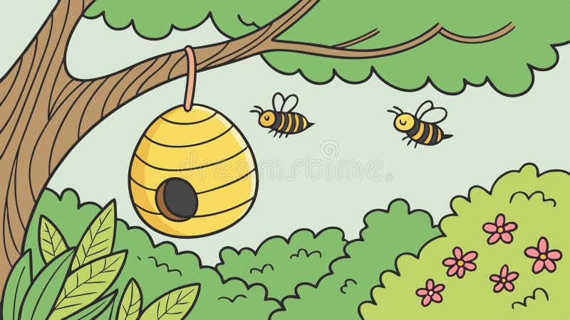 Active Beehive in a Tree with Buzzing Bees, Vector Design Generative AI Stock Vector ...