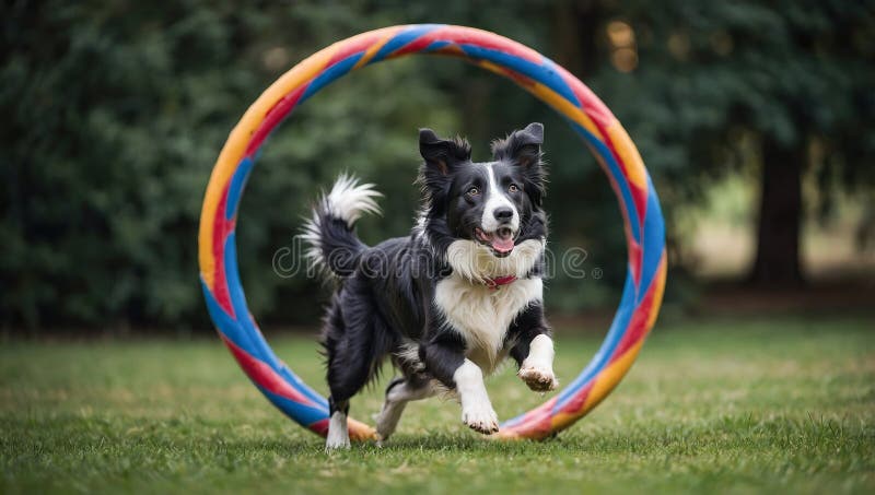 Active Border Collie Jumping through a Colorful Hoop during an Agility ...