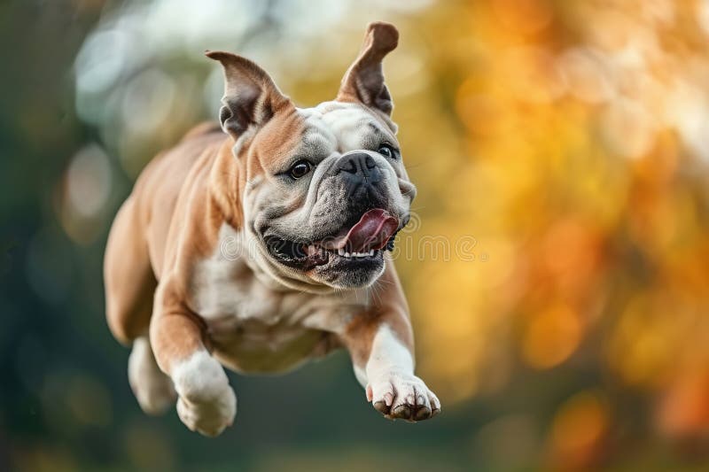 Active Bulldog Playing Leaping in Mid-air, Blurred Outdoor Setting ...