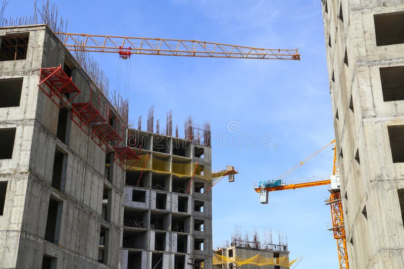 Active Construction of a Large Residential Complex. Construction Cranes ...