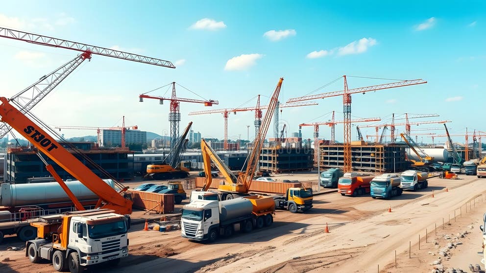 An Active Construction Site with an Array of Heavy Machinery, Including ...