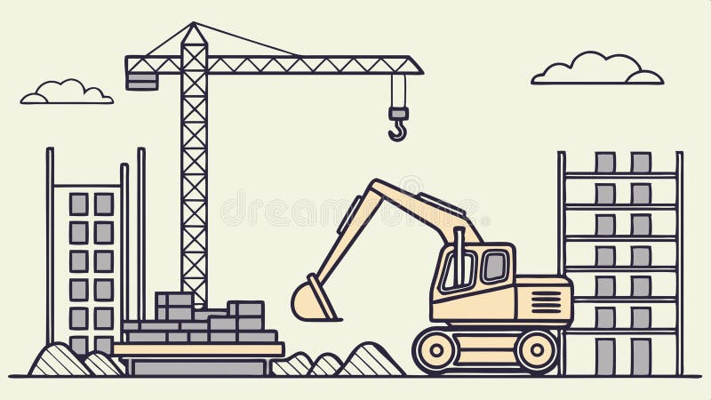 Active Construction Site with Crane and Building Progress, Vector ...