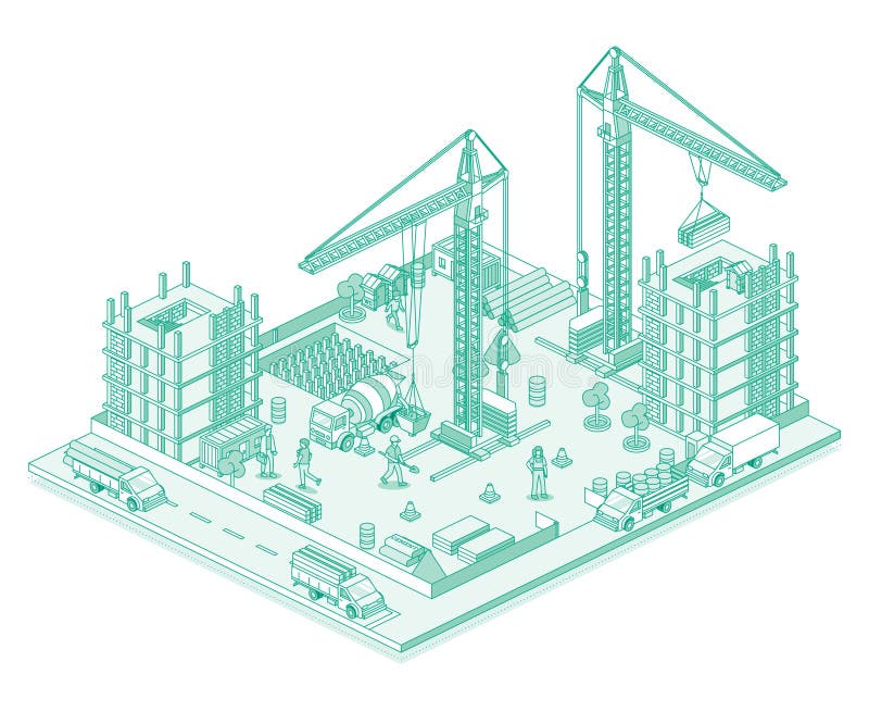 Active Construction Site with Cranes, Workers, Builders and Skyscrapers Under Development ...