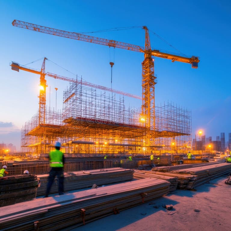 Active Construction Site Featuring Cranes and Scaffolding with Workers ...