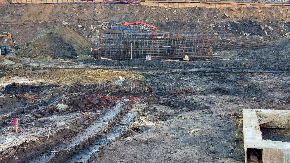 A Bustling Construction Site that Features Ongoing Excavation and Laying of Foundations Stock ...