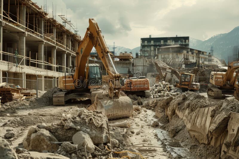 Active Construction Site with Workers, Machines, and Scaffolding ...