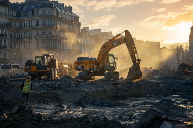 Active Construction Site with Workers, Machines, and Scaffolding ...