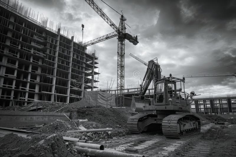 Active Construction Site with Workers, Machines, and Scaffolding ...