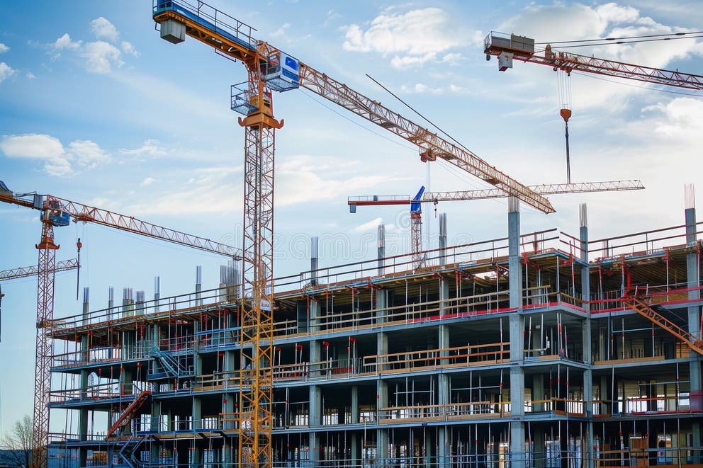Active Construction Site with Workers, Machines, and Scaffolding ...