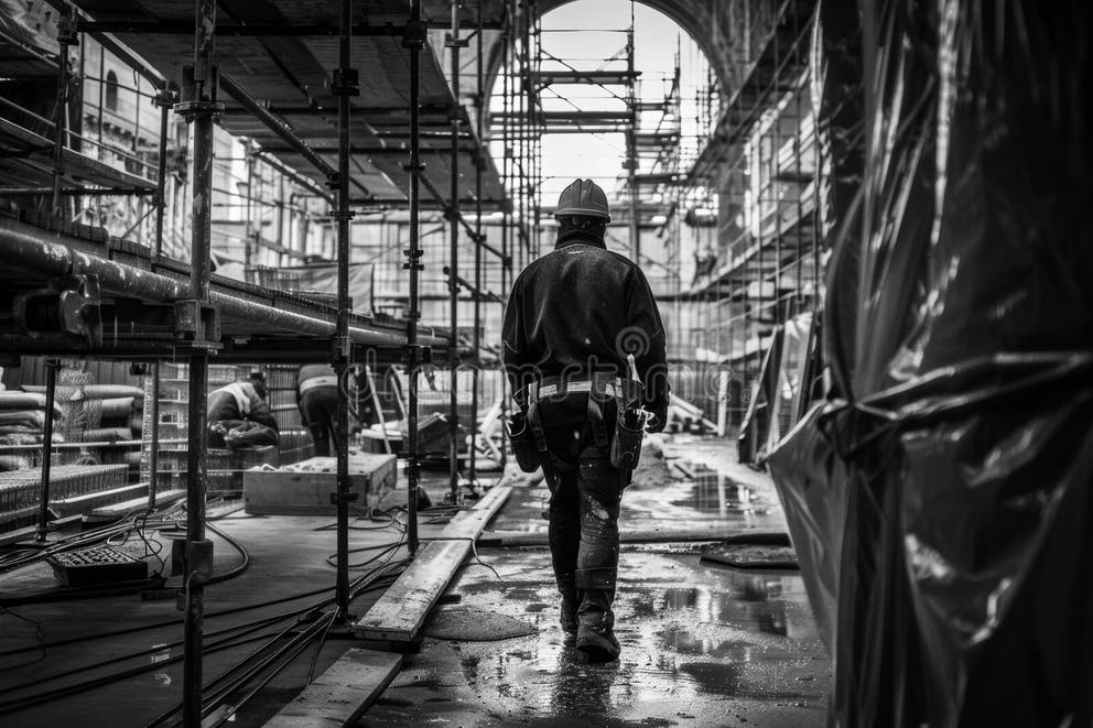 Active Construction Site with Workers, Machines, and Scaffolding ...