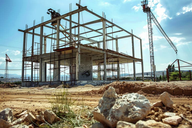 Active Construction Site with Workers, Machines, and Scaffolding ...