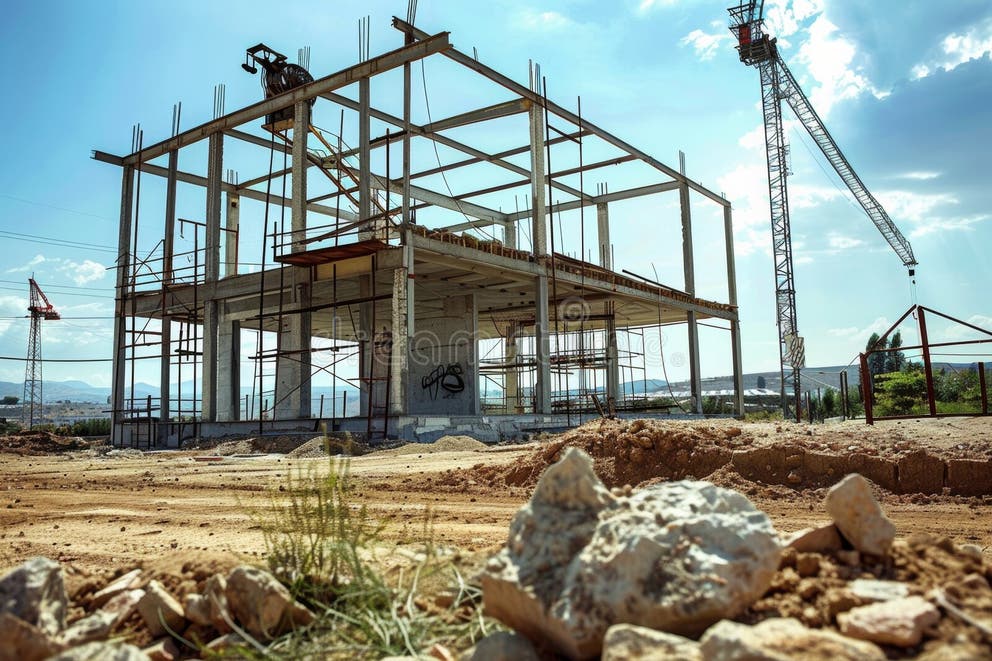 Active Construction Site with Workers, Machines, and Scaffolding Progressing. Stock Image ...