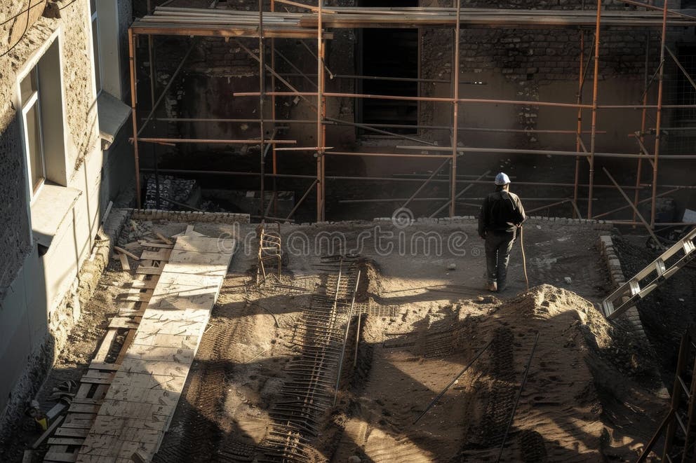 Active Construction Site with Workers, Machines, and Scaffolding ...